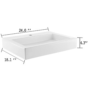 Bathroom Vessel Sink Rectangular White,VALISY 24 x18 Inch Above Counter Porcelain Ceramic Vessel Sink, Rectangle Modern Vanity Lavatory Bath Countertop Bathroom Sink Bowl Basin with Single Faucet Hole