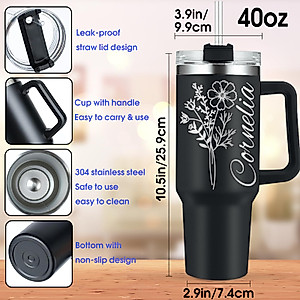 Personalized Tumbler with Handle Straw Custom Insulated Tumblers with Name Birth Flowers Customized 40 oz Stainless Steel Travel Cup Gifts for Women Men Birthdays Christmas Anniversary