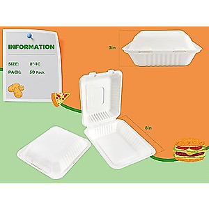 AUEAR, 8 Inch [50 Pack], Compostable Clamshell Take Out Food Containers, To Go Boxes for Food, Natural Disposable Clamshell Food Container, Eco-Friendly, Heavy - Duty To-Go Containers