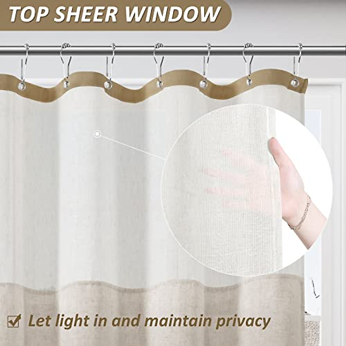 BOODII Tan Linen Shower Curtain with Snap in Liner Heavy Duty 200GSM Textured Beige Farmhouse Rustic Shower Curtain with See Through Top Window Cream Double Shower Curtain Burlap Country Style 72x72