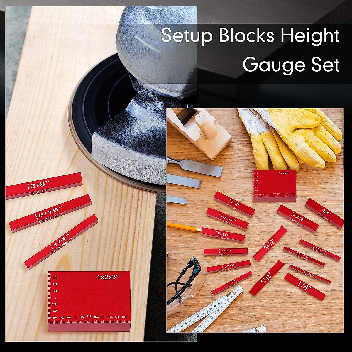 Setup Blocks Height Gauge Set, 15 Pieces Precision Saw Kit Drill Press Table Router Setup Blocks Woodworking Woodpeckers Tool Setup Bars Accessories Aluminum Square Laser Engraved Size Markings (Red)