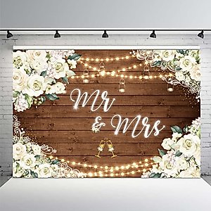 MEHOFOND 7x5ft White Floral Mr & Mrs Engagement Decorations Backdrop Couples Wedding Wooden Background Bride and Groom Engaged Ceremony Anniversary Bridal Shower Party Supplies Photobooth Props