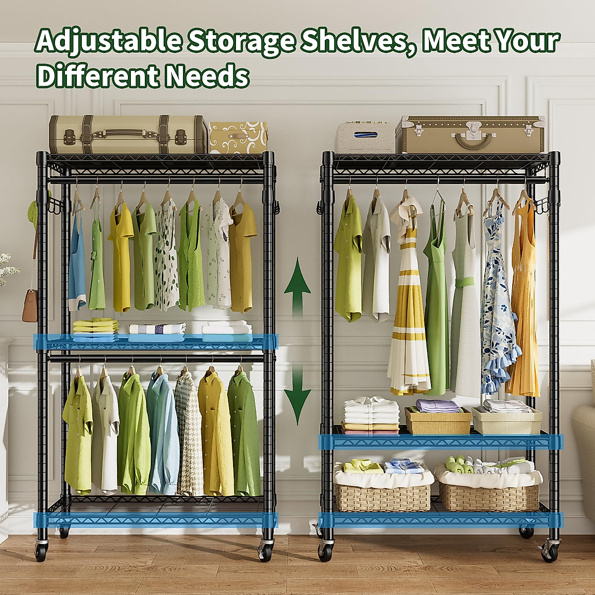 SEMHOR S3-M Portable Closets Rolling Clothes Rack 3 Tier Heavy Duty Clothing Rack with 2 Hanging Rod and 2 Side Hooks, Freestanding Adjustable Wardrobe Garment Rack for Bedroom Laundry