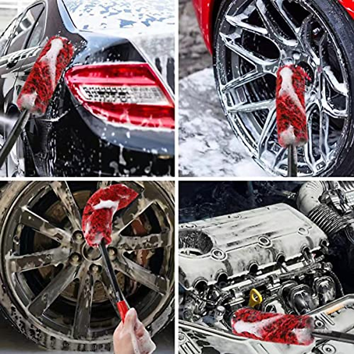 Siomiy Car Wheel Cleaning Brush, Extended Reach Wheel Brush with Long Handle Bendable Car Cleaner Brush Synthetic Wool Car Cleaning Duster for Cleaning Wheels, Rims, Exhaust Tips. (Red-L)