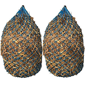 Majestic Ally 2 Pcs 1.25”x1.25” Holes Ultra Slow Feed 40” Very Sturdy Hay Net with Bottom Ring for Goat, Sheep and Livestock Simulatr grazing, Reduces Waste (Hurricane Blue)