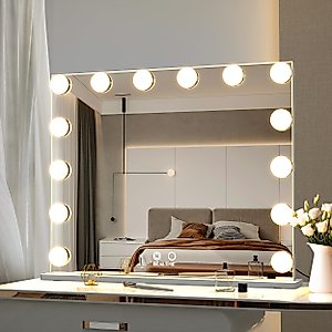 BEAUTME Large Vanity Mirror with Lights,Hollywood Lighted Makeup Cosmetic Mirror with Smart Button,Tabletop or Wall Mounted Makeup Mirrors White