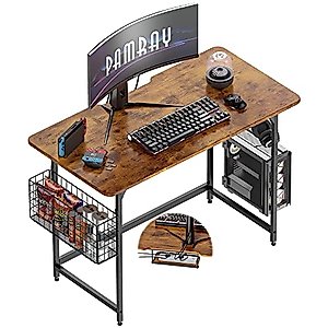 Pamray 40'' Safety Rounded Corner Home Office Desk with Cable Trough and Under Desk Cable Management Simple Computer Desk for Work and Gaming, Vintage Brown