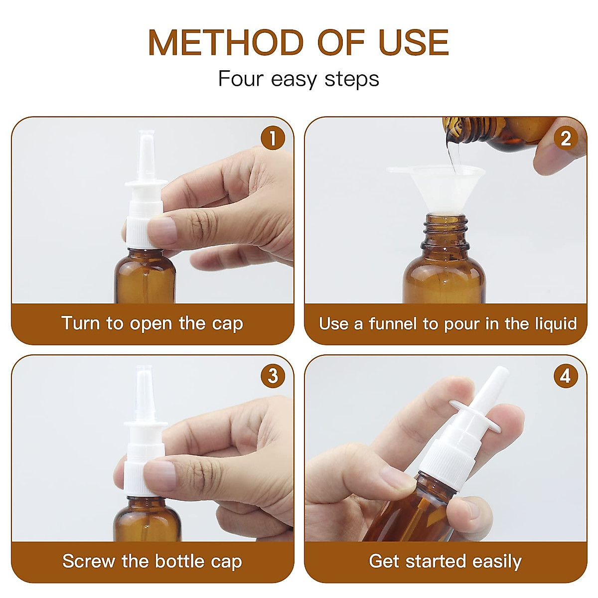 Nasal Spray Bottle, 3 Pcs 30ML/1oz Glass Amber Refillable Fine Mist Sprayers Atomizers, Small Empty Nasal Sprayer with Funnels and Labels
