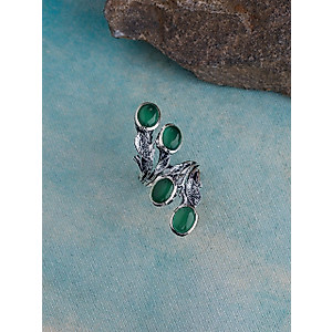 YoTreasure Green Onyx Solid Sterling Silver Innovative Leaf Vine Ring