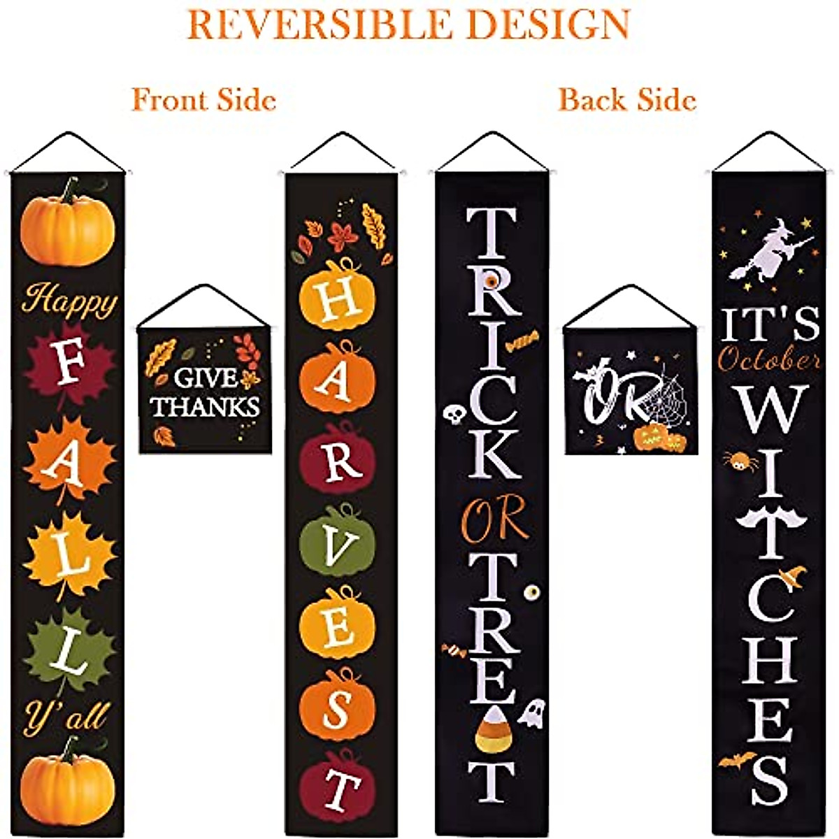 3 Pieces Thanksgiving Reversible Banner Happy Fall Harvest and Halloween Trick or Treat Witches Banner Thanksgiving Halloween Day Porch Sign Hanging Sign for Fall Decorations Outdoor (Black)