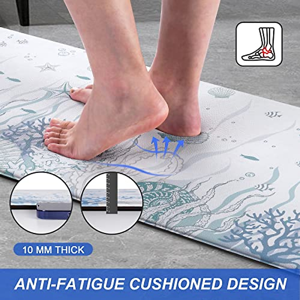 ASPMIZ Kitchen Mat Anti Fatigue 2 Piece, Beach Kitchen Rugs for Floor, Cushioned Kitchen Runner Mat Non Skid Washable, Waterproof Memory Foam Comfort Mat for Home Sink, 18'' x 48'' + 18'' x 30'' White