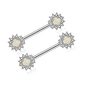 Gabry&jwl 2PCS Nipple Rings 14G 316L Surgical Stainless Steel Nipple Barbell Opal Center Cluster Round Cut Clear CZ Filigree Nipplerings Body Piercing Jewelry for Women