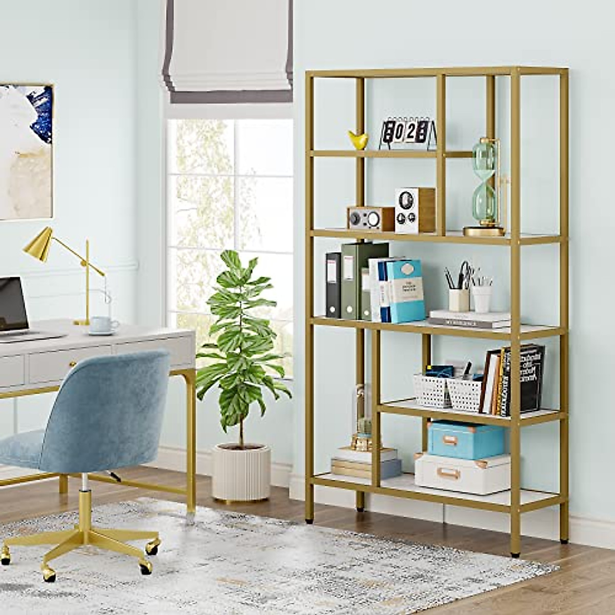 Tribesigns 6-Tier Tall Bookshelf Bookcase, Modern White and Gold Open Bookcase Storage Display Book Shelves for Living Room, Home Office