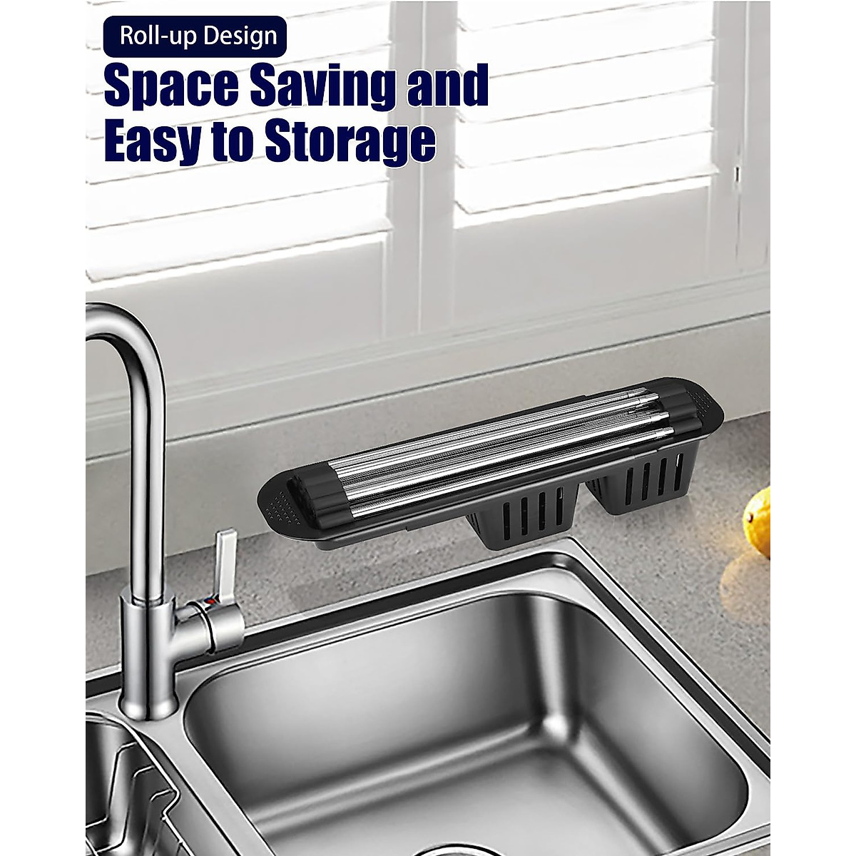 CLNGAI Roll Up Dish Drying Rack,Expandable Over The Sink Dish Drainer,Stainless Steel Kitchen Rolling Sink Rack with Utensil Holder,Length Up to 22.3" (Black)