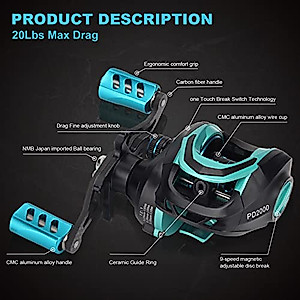 HAUT TON Baitcasting Reel PD200 Advanced Version,Carbon Filber Frame Baitcaster Fishing Reels,one Touch Break Switch 20 Lbs Max Drag,7.2:1 Gear Ratio,18+1BB,for Saltwater,Freshwater,Left Handle