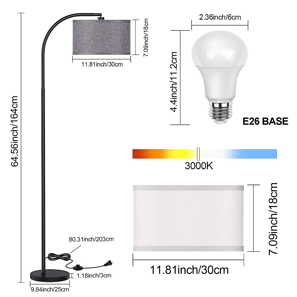 ROTTOGOON Floor Lamp for Living Room, Industrial LED Standing Lamp with 2 Lamp Shades (Grey/White), Classic Tall Reading Pole Lamp with LED Bulb, Modern Adjustable Black Floor Lamp for Bedroom Study
