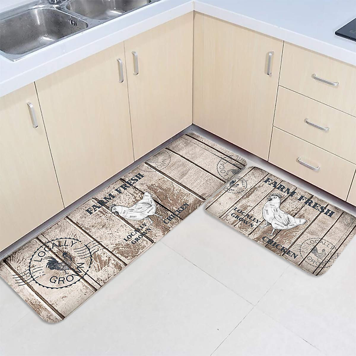 Rustic Farmhouse Kitchen Rug Set Kitchen Mats Cushioned Anti Fatigue Wood Farm Fresh Locally Grown Chicken Mats for Standing Waterproof Microfiber Easy to Clean 2 Pieces 19.7x31.5inch+19.7x47.2inch