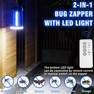 Remote Control Bug Zapper with LED Light, Waterproof Mosquito Zapper Outdoor, Electric Fly Zapper, Insect Killer & Fly Traps for Outside, Patio, Porch, Backyard, Garden