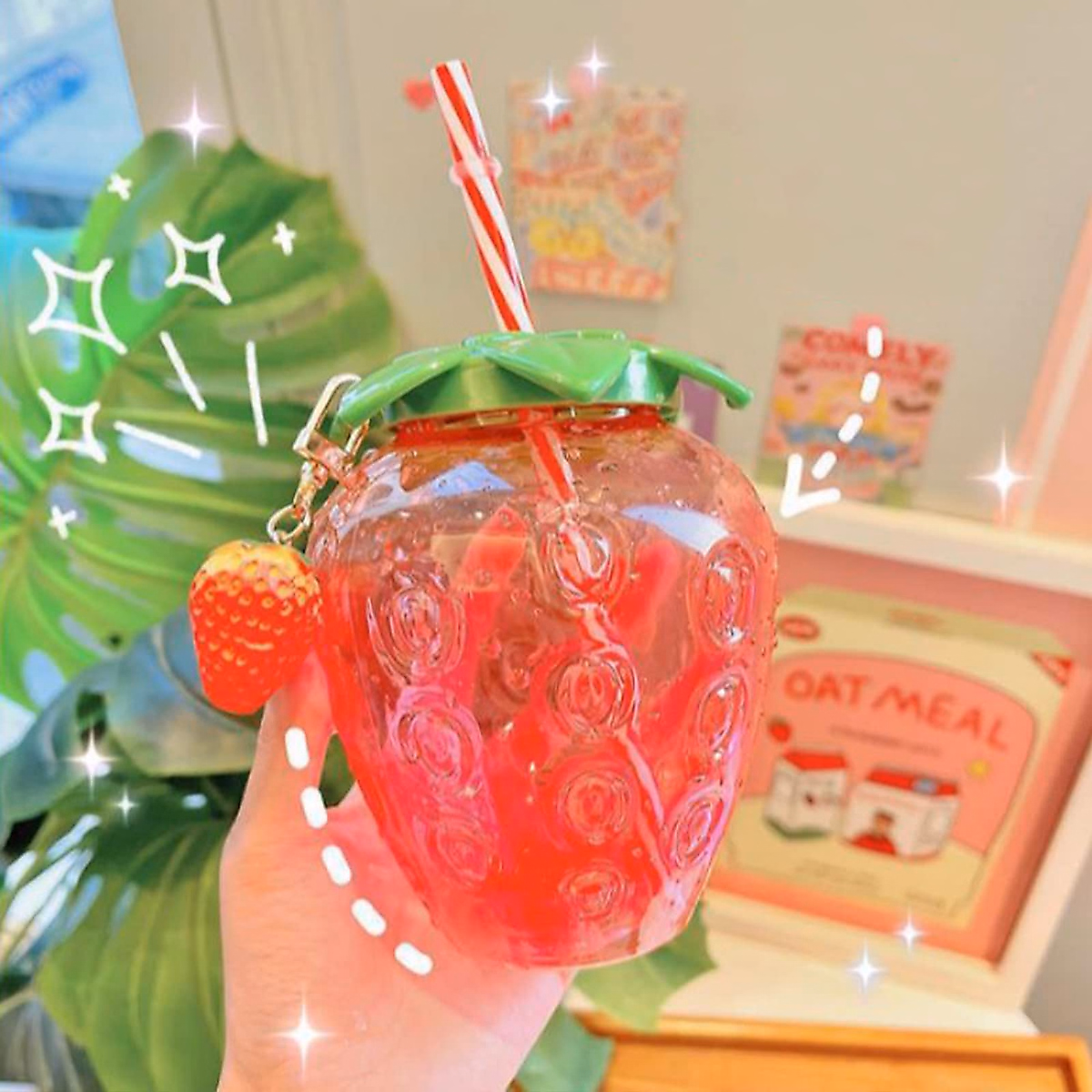 DULRLLY 17 Oz Strawberry Cups with Straw and Strawberry Pendant Kawaii Cup with Lid Portable Cute Water Bottle Mug for Gift Home Office School for Boba Tea