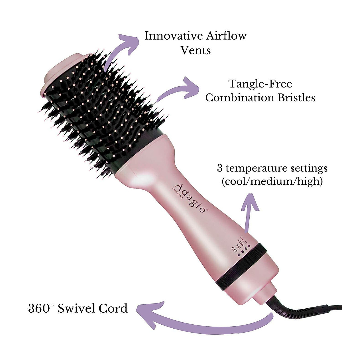 Adagio California Blowout Brush: 2-in-1 Hot Air Brush Styler and Dryer - Negative Ion Round Brush - Hair Dryer Brush with Straightener Function - Hair Styling Tools for Women… (3-inch, Rose Gold)