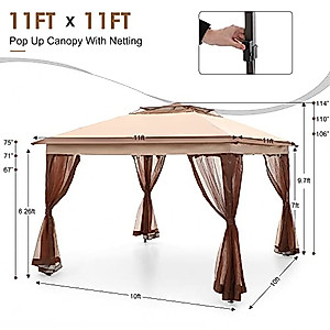 PHI VILLA 11x11ft Pop-Up Portable Instant Gazebo Canopy Tent with Mosquito Netting Outdoor Canopy Shelter with 121 Square Feet of Shade,Beige