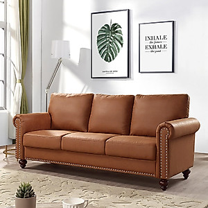 80'' Brown Leather Sofa Couch with Nailhead Trim, Mid Century Modern 3 Seater Couch Comfy Sofa Loveseat Love Seat with Extra Deep Seat and Rolled Arm Couches for Living Room, Bedroom, Office