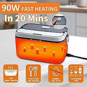 Auingote Electric Lunch Box for Adults 90W Heated Lunch Box - 12/24/110V Portable Food Warmer with 2L Stainless Steel Container - Food Heater Lunch Warmer for Car, Truck, Office - Grey