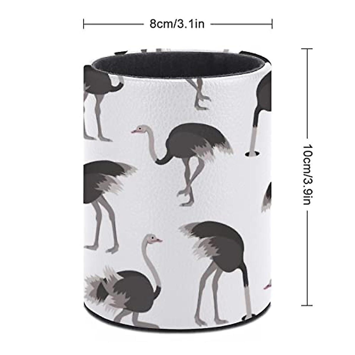 Cartoon Ostrich Bird Round PU Leather Pen Holder Desk Organizer Storage Container Pencil Container Brush Scissor Box