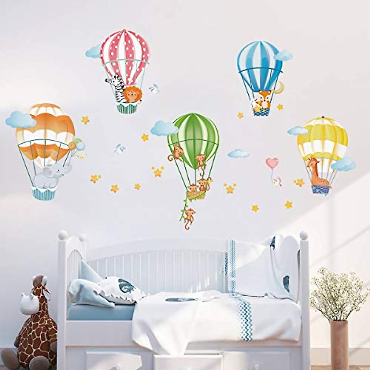 decalmile Animals in Hot Air Balloons Wall Decals Elephant Giraffe Monkey Wall Stickers Baby Nursery Kids Bedroom Playroom Wall Decor