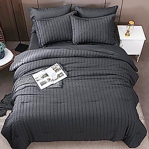 HYMOKEGE Dark Grey Queen Comforter Set Seersucker 3 Pieces, Bedding Comforter Sets for Bedroom, Bed Set with 1 Comforter and 2 Pillow Shams
