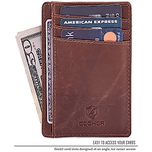 Front Pocket Wallet for Men Women Slim Minimalist Real Leather RFID Blocking Credit Card Holder (COGNAC WAX PULL UP)