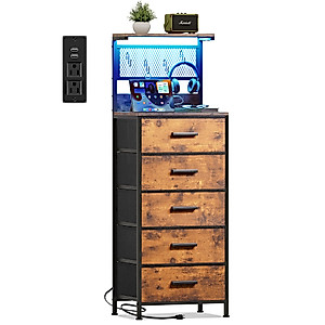 EKNKOZY Nightstand 5 Drawer Dresser with LED Lights, Charging Station, Metal Mesh Shelf with Hooks, Vertical Side Table with Fabric Drawers, End Table, Tall Dresser for Bedroom, Entryway, Rustic Brown