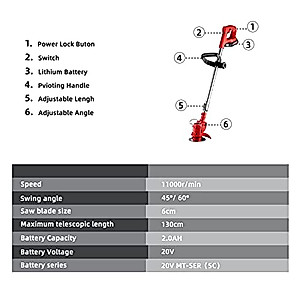 FNAYA Cordless String Trimmer, Adjustable Length Telescopic 20V Cordless Lawn Mower 45°/ 60° Angle Adjustment Electric Grass Trimmer Pruning Garden Tools (Size : 20V 1 Battery(2.0AH))