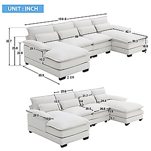GNIXUU 109.8“ Sectional Sofa Cloud Couch for Living Room, Modern Chenille Large Overstuffed U Shaped Couch, Comfy Modular Sofa Sleeper with Double Chaise & Cushions(White)