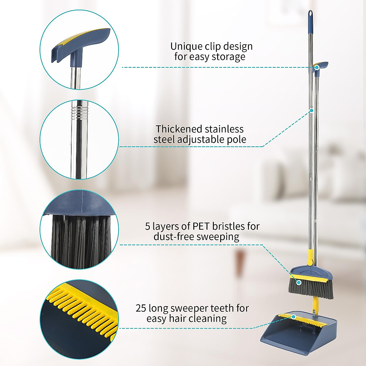 Broom and Dustpan Set,2 in 1 Broom Brush with Dustpan Combo Set, Upright 180°Rotating Broom with Long Handle and Lightwight Dust Pans for Home Kitchen Room Office Lobby Floor Cleaning，Blue