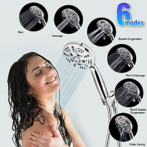 High Pressure Handheld Shower Head 6 Spray Settings Detachable High Flow Powerful Showerhead with 59" Stainless Steel Hose and Multi Angle Adjustable Shower Bracket, Easy to Install, Chrome