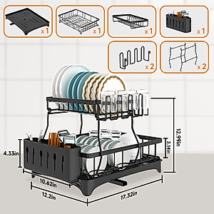 ACALANTHA Dish Drying Rack with Drainboard, Large Dish Racks for Kitchen Counter, 2 Tier Dish Holder with Silverware Drying Rack.(Black)