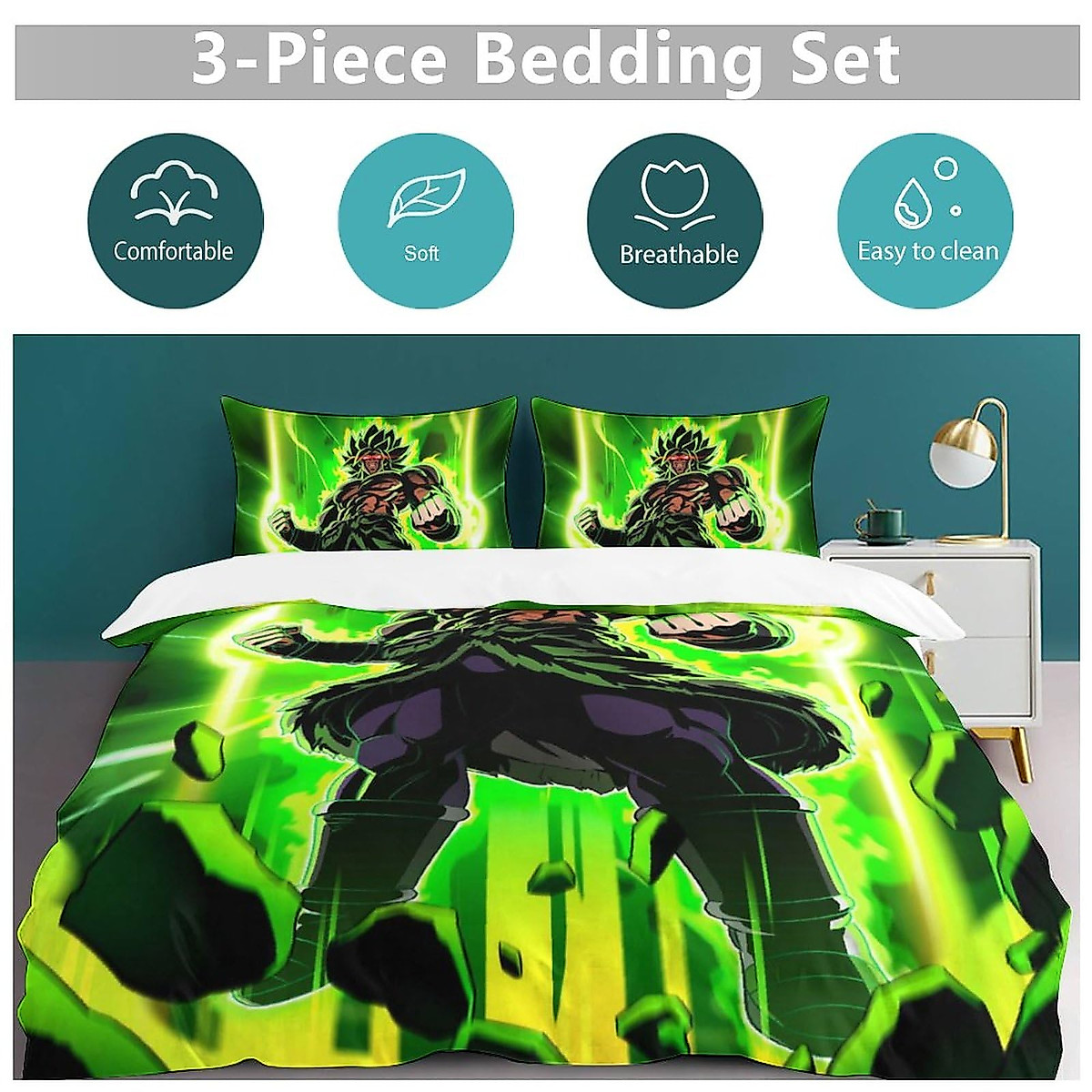 ggtg Saiyajin Broly 3-Piece Bedding Set Soft Microfiber Sheet & Pillowcase Sets Full Size Sheet Set 79"x90"