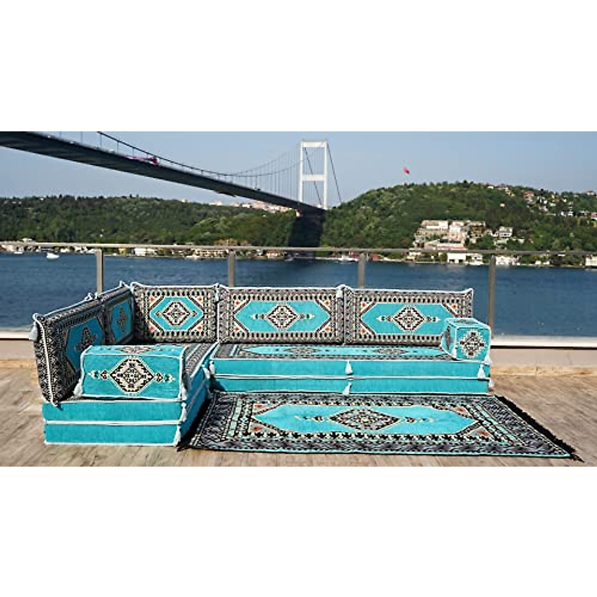 Turquoise Arabic Floor Sofa Set, Floor Cushions, Balcony Patio Sofas, Terrace Sofa, Ethnic Sofa, Moroccan Sofas, Sectional Sofas, Hookah Sofas (L Sofa + Rug)