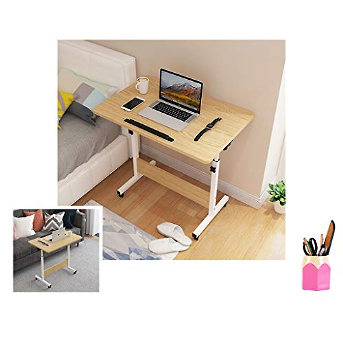 Multifunctional Desk Movable Computer Laptop Desk Study Writing Desk Adjustable with Keyboard Tray for Home Office (Color : Beige)