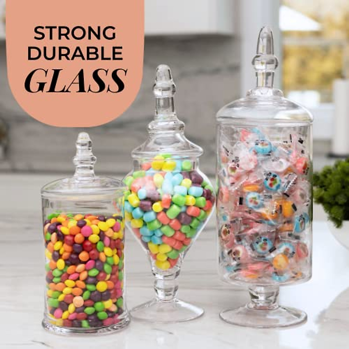 Mantello Glass Apothecary Jars with Lids- Set of 3 Jars for Candy Buffet - Apothecary Jars for Bathroom, Candy Bar, Kitchen, Large