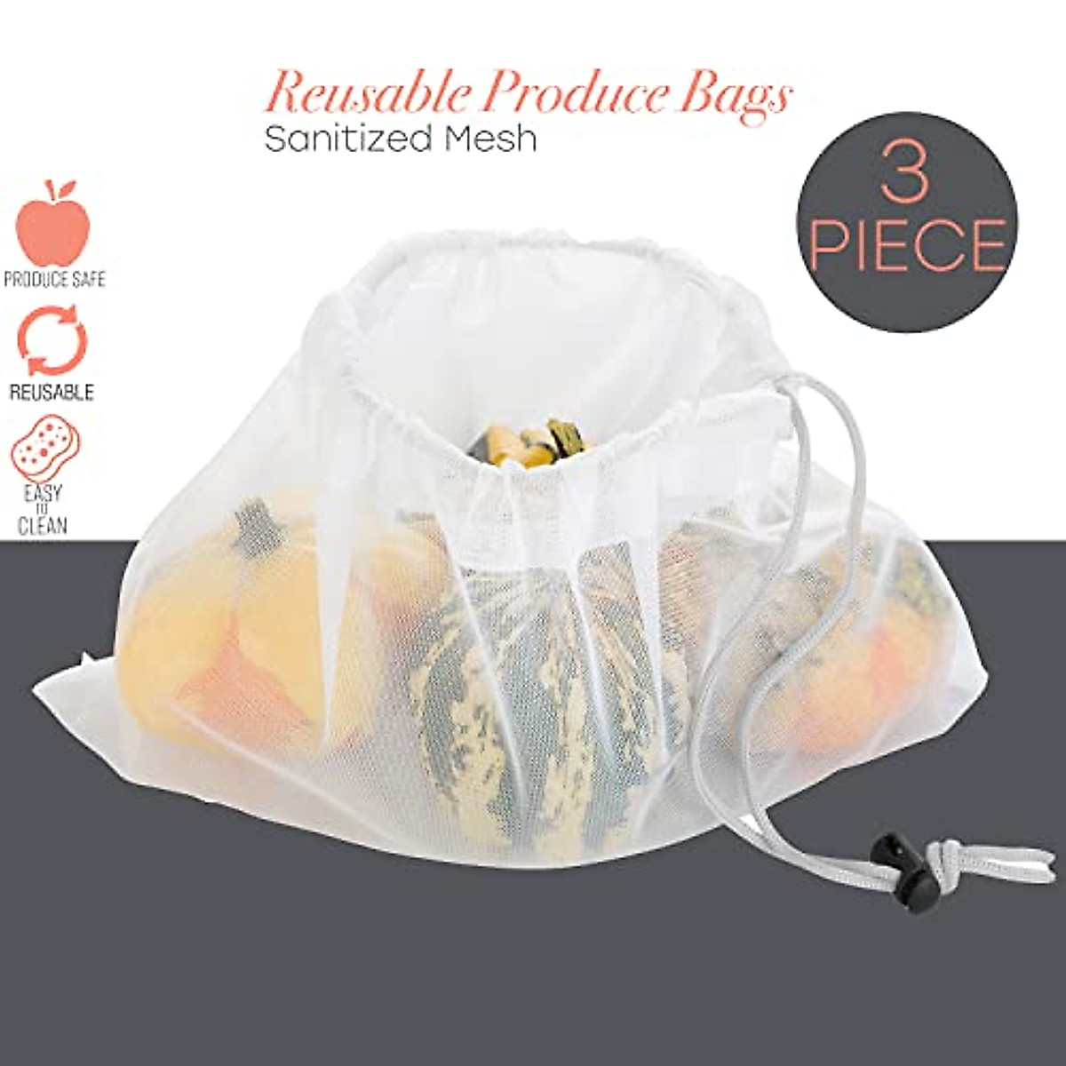 Kitchen Details 3 Pack Reusable Cotton Mesh Produce Bags | Green Living | Drawstring | Fruit and Vegetable Bags & Organizers | Good for Grocery Shopping | White