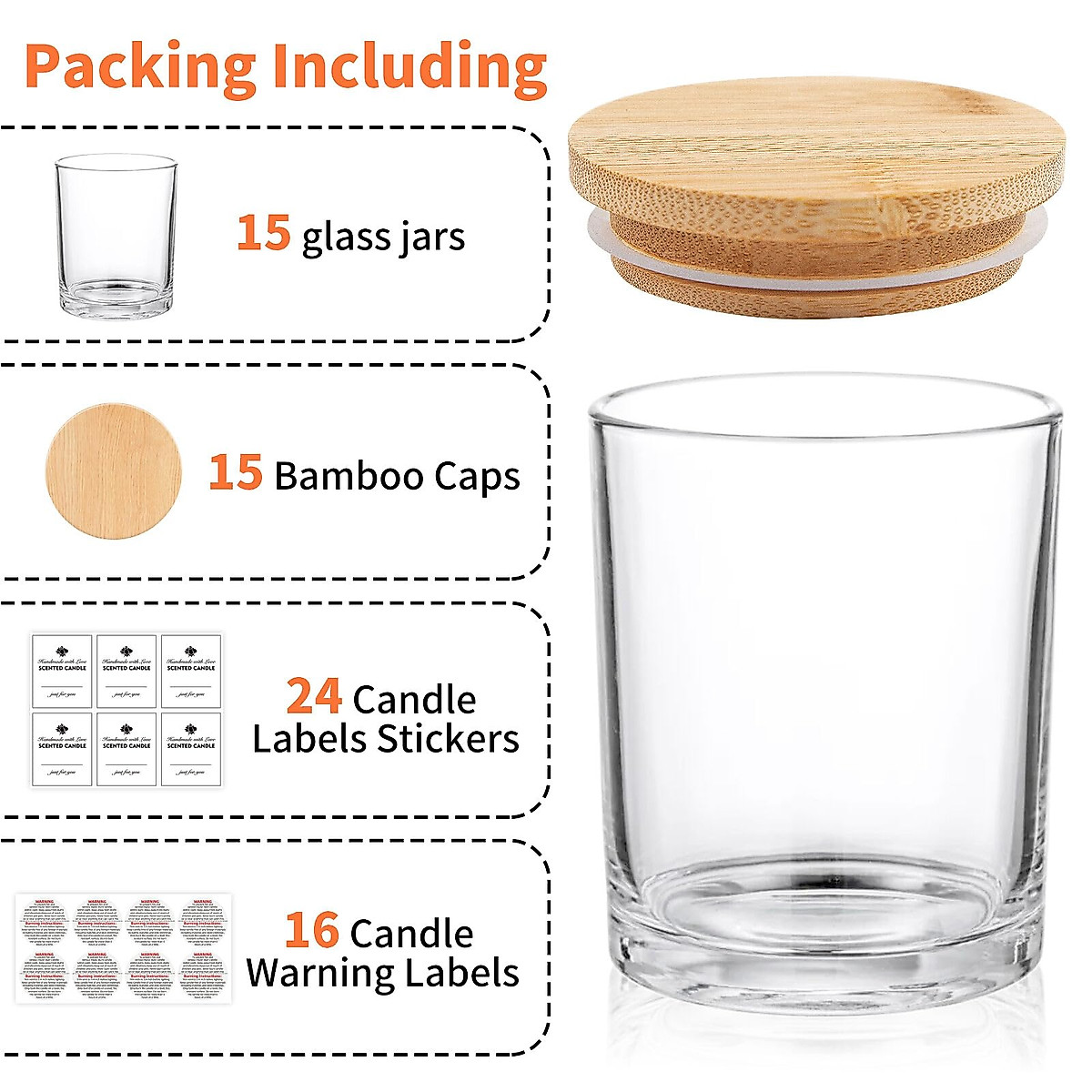 SUPMIND 15 Pack Candle Glass Jars-7oz Clear Empty Candle Jars with Bamboo Lids and Sticky Labels, Bulk Candle Jars for Making Candles Containers - Dishwasher Safe