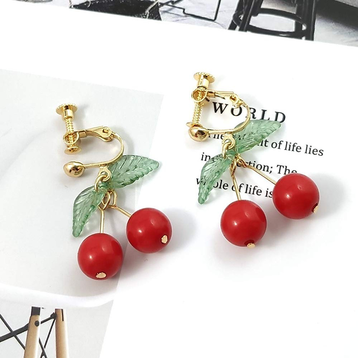 Cute Cherry Clip on Fruit Earrings for Women Red Cherry Ear Clips Dangle Drop Jewelry (1 Pairs)