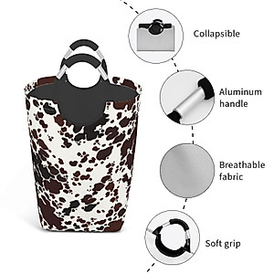 MIFSOIAVV Cowhide Brown Milk Cow Print Large Laundry Basket Collapsible Organizer Bin Animal Cowhide Skin Pattern Laundry Hamper with Handles Durable Washing Bin Dirty Basket for Nursery Clothes Toys