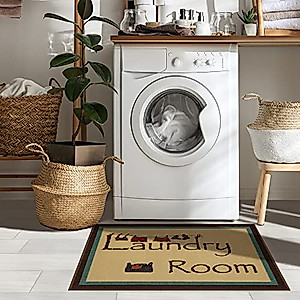 Machine Washable Bordered Laundry Room Rug Non-Slip Rubberback 2x3 Laundry Area Rug for Laundry Room, Bathroom, Washroom, 26" x 35", Beige