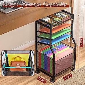 3IngSeagulls 5-Tier Rolling File Cart with Hanging File Folders, Mobile Desk File Organizer on Lockable Wheels, Wood & Mesh Paper Letter Sliding Trays Organization for Office, Home, School, Patent