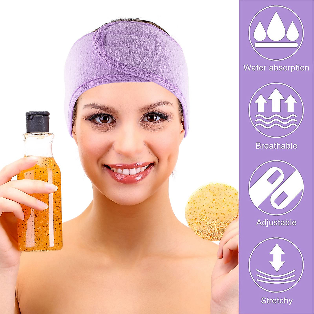 Whaline Spa Facial Headband Make Up Wrap Head Terry Cloth Headband Adjustable Towel Band for Face Washing Shower Facial Cover, 3 Pieces (White, Purple, Dark Purple)