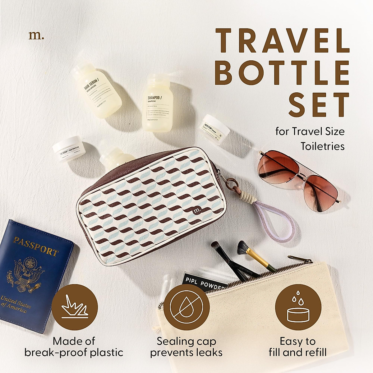 MAISONOVO Travel Bottles for Toiletries, TSA Approved, Leak Proof Refillable, Travel Size Containers and Bottles with Water Proof Toiletry Bag - Brown Pouch