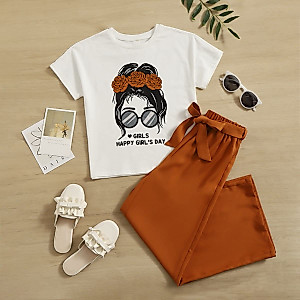 OYOANGLE Girl's 2 Piece Outfits Letter Graphic Floral Print Short Sleeve Blouse T Shirt Top and Belted Pants Sets Multicolor 11-12 Years